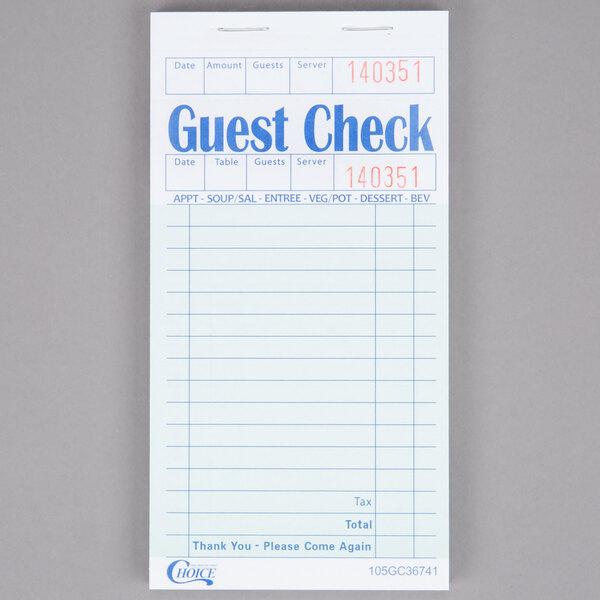 Restaurant Guest Checks, White, 1 Part - 50/Case