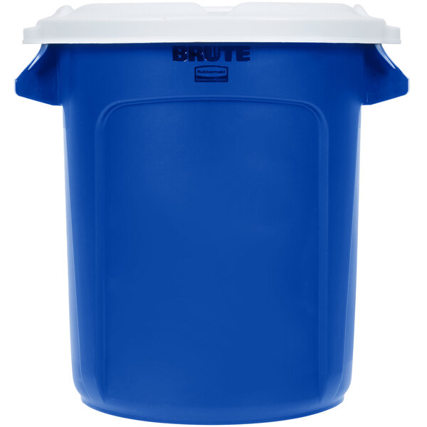 Rubbermaid BRUTE 10 Gallon Blue Round Recycling Can with White Lid