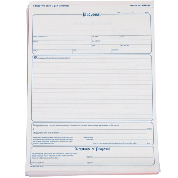 Adams NC3819 3-Part Carbonless Contractor Proposal Form - 50/Pack