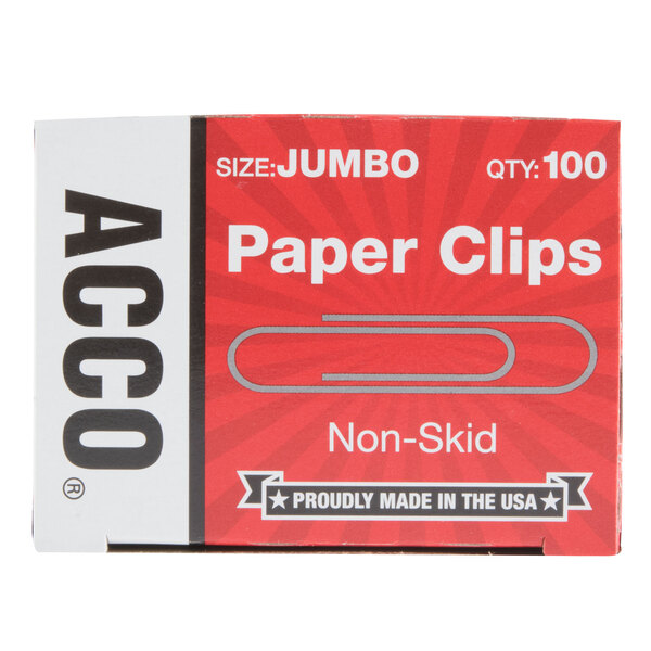 Acco 72585 Silver Non-Skid Finish 100 Count Jumbo Standard Paper Clips ...
