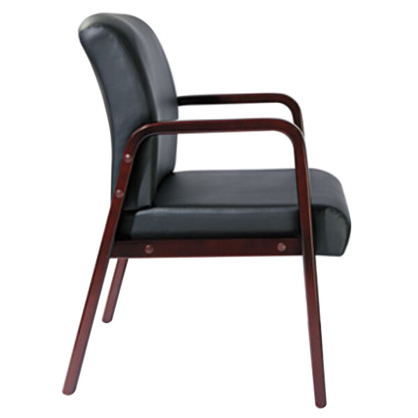 Alera ALERL4319M Reception Black Leather Arm Chair with Mahogany Wood Frame