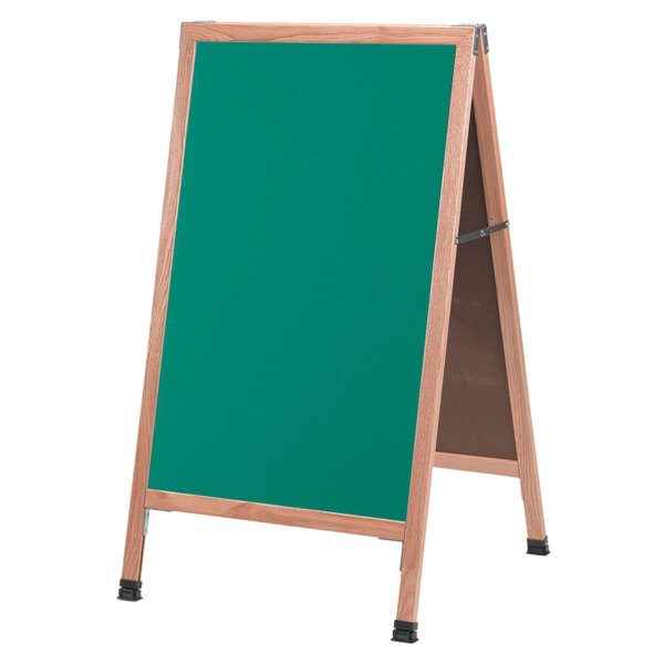 Aarco A-1G 42" x 24" Oak A-Frame Sign Board with Green Write-On Chalk Board