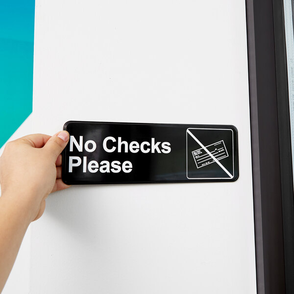 Vollrath 4520 Traex® No Checks Please Sign - Black and White, 9" x 3"