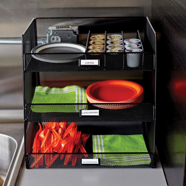 Safco 3293BL Onyx Black 3-Compartment Steel Mesh Breakroom Organizer ...