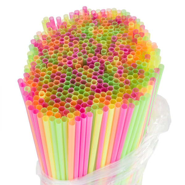 20" Extra-Long Assorted Color Neon Unwrapped Drinking Straw - 500/Case