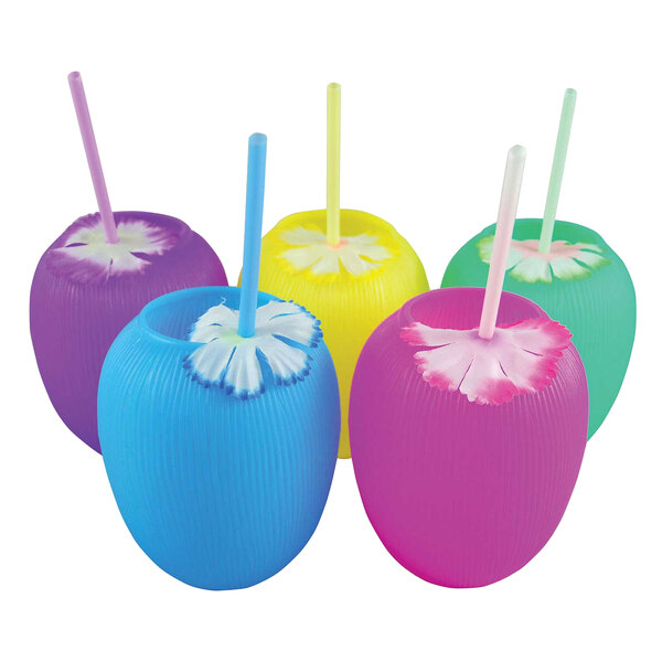 Assorted Color Coconut Cup w/ Straw & Flower (20 oz.)