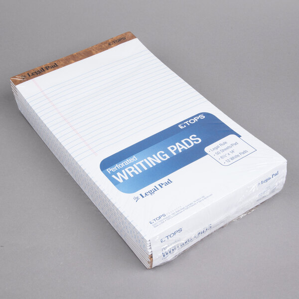 TOPS 7573 8 1/2" x 14" Wide Ruled White Perforated Legal Pad - 12/Pack