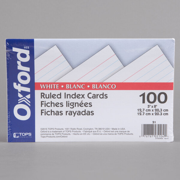Oxford OXF 51EE 5" x 8" White Ruled Index Card - 100/Pack