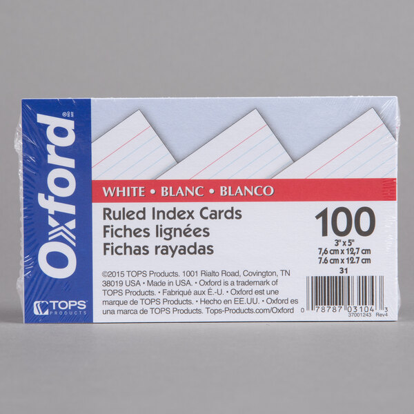 Oxford OXF 31EE 3" x 5" White Ruled Index Card - 100/Pack