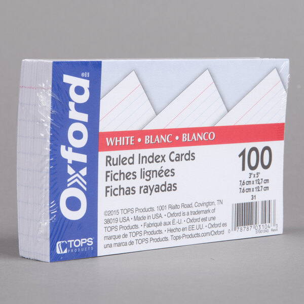 Oxford OXF 31EE 3" x 5" White Ruled Index Card - 100/Pack