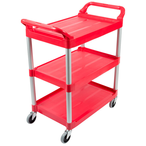 Rubbermaid FG342488RED Red Three Shelf Utility Cart / Bus Cart 33 x 18 x 37