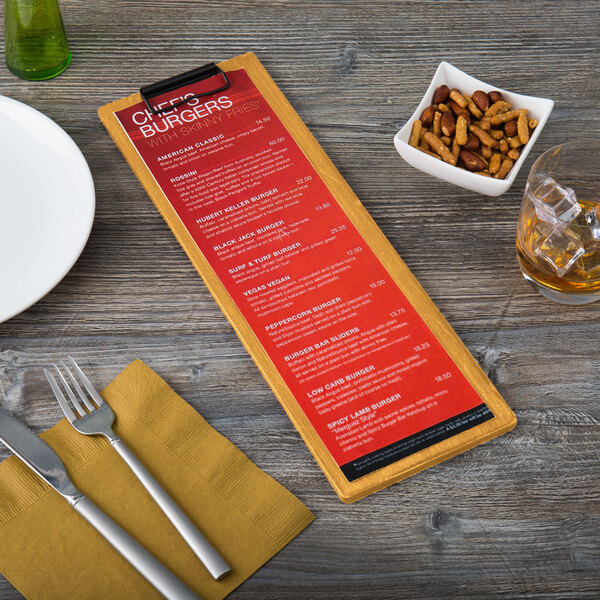 Menu Solutions WDCLIP-BD Country Oak 4 1/4" x 14" Customizable Wood ...