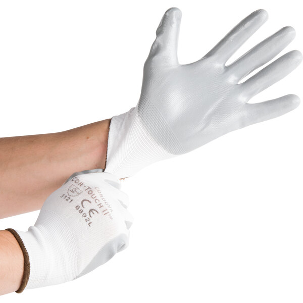 Cordova Cor-Touch II White Polyester Gloves with Gray Flat Nitrile Palm ...