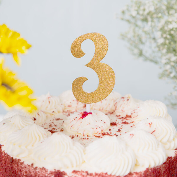 Creative Converting 324545 Gold Glitter "3" Cake Topper