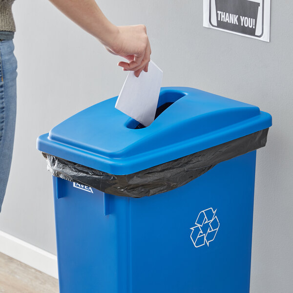 Lavex Blue Slim Rectangular Recycling Trash Can Lid with Paper Slot