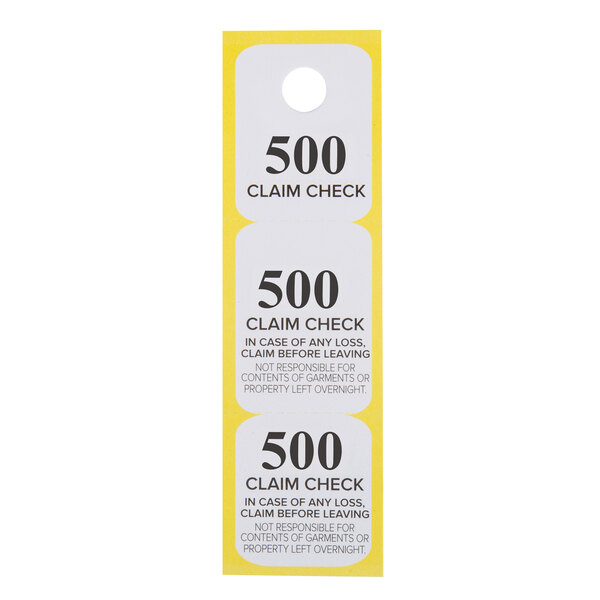 Choice Yellow 3 Part Paper Coat Room Check Tickets - 500/Box