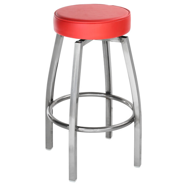 Lancaster Table & Seating Clear Coat Swivel Backless Bar Stool with Red ...
