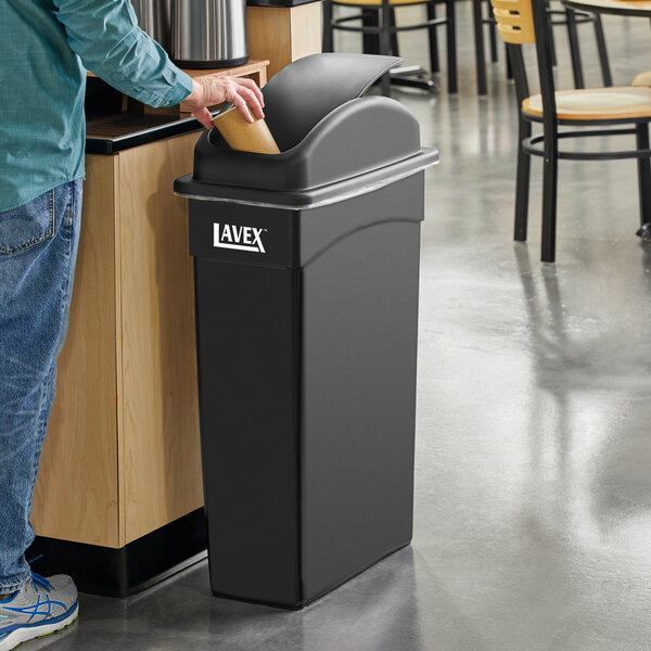 Lavex 23 Gallon Black Slim Rectangular Trash Can with Swing Dome Lid