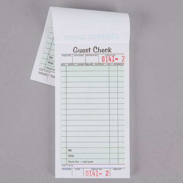 Adams 525SW 1-Part White / Green Guest Check Book with Receipt Stub ...