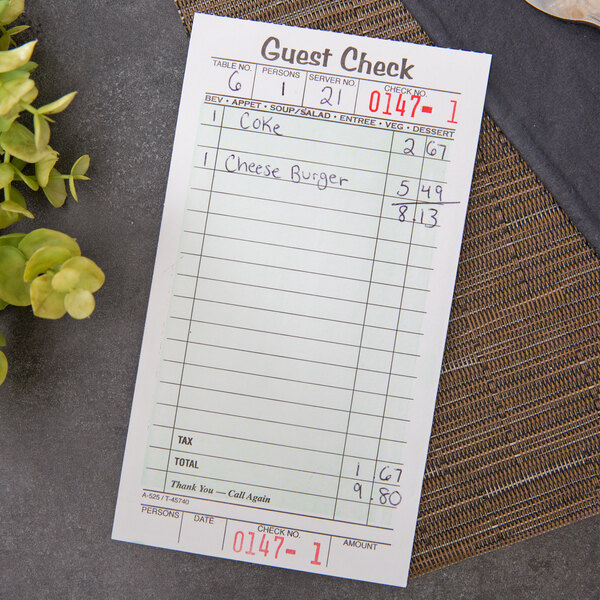 Adams 525SW 1-Part White / Green Guest Check Book with Receipt Stub ...