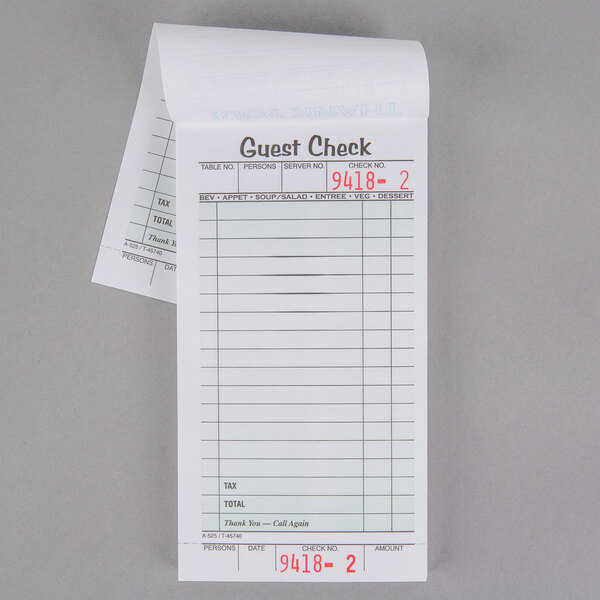 Adams 525SWMT 1-Part White / Green Guest Check Book with Receipt Stub ...