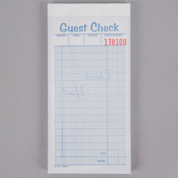 Tops 45702 2-Part White / Yellow Carbonless Guest Check Book - 10/Pack