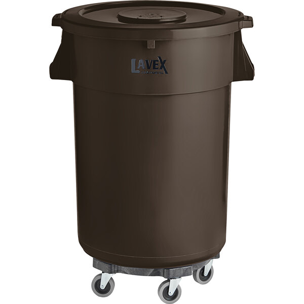 Lavex 44 Gallon Brown Round Commercial Trash Can with Lid and Dolly