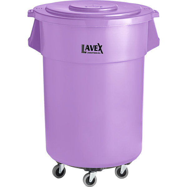 Lavex 55 Gallon Purple Round Commercial Trash Can with Lid and Dolly