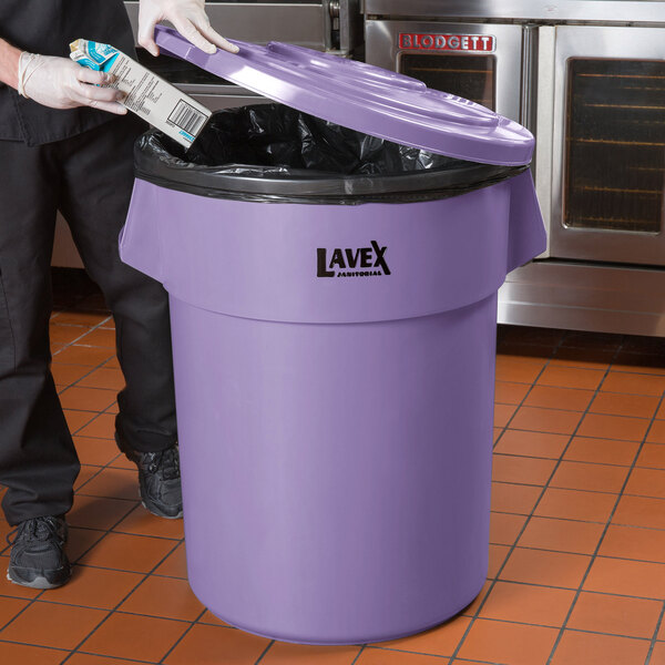 Lavex 55 Gallon Purple Round Commercial Trash Can and Lid