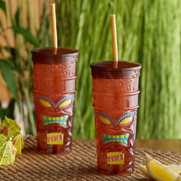 22 oz. Translucent Brown Tiki Tropical Cup with Straw - 84/Case