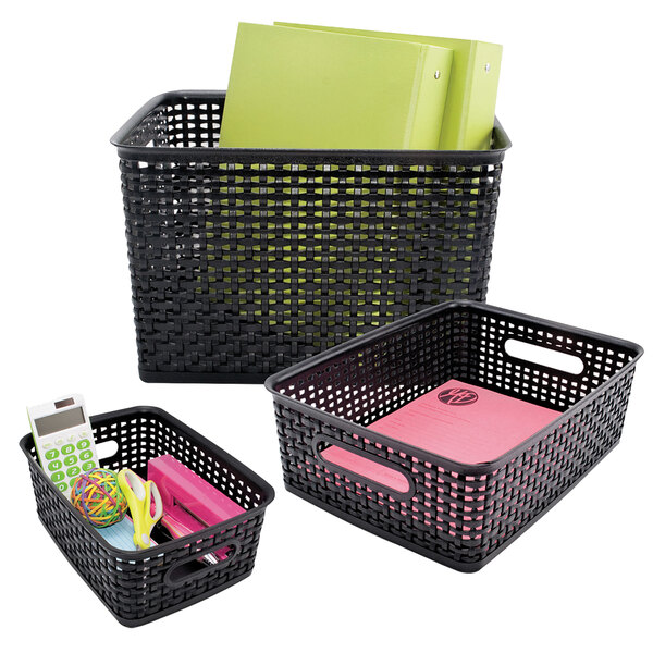 Advantus 40326 10" x 7 1/2" x 4" Small Black Plastic Weave Bin - 3/Pack