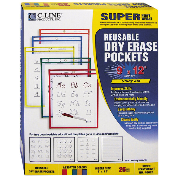 C-Line 40620 12" x 9" Assorted Primary Colors Reusable Dry Erase Pocket ...