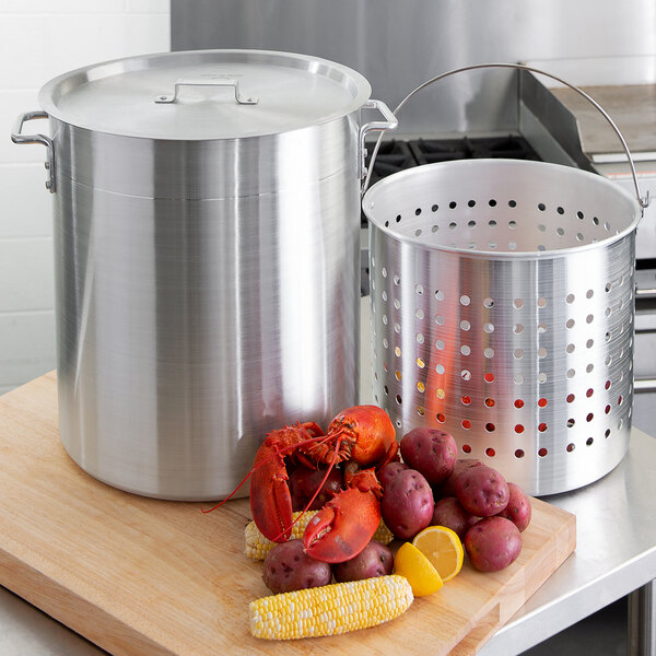 Choice 60 Qt. Standard Weight Aluminum Stock Pot with Steamer Basket ...