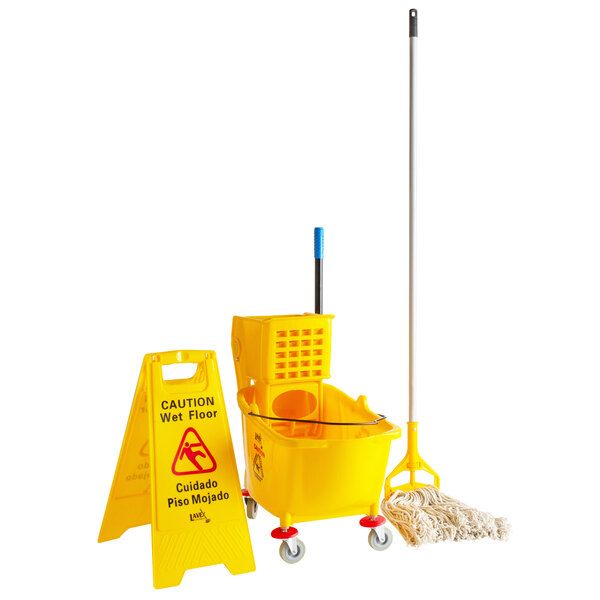 Lavex Wet Mop Kit with 35 Qt. Yellow Mop Bucket, Wet Floor Sign, Mop ...