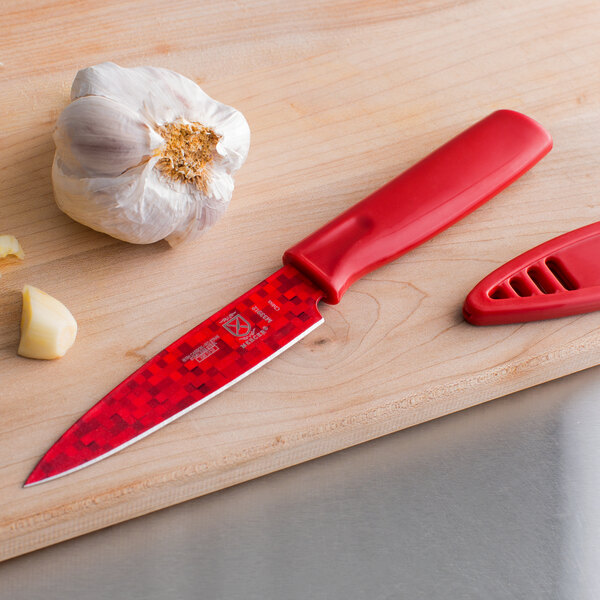Mercer Culinary M33912B 4" Red Non-Stick Paring Knife with Sheath