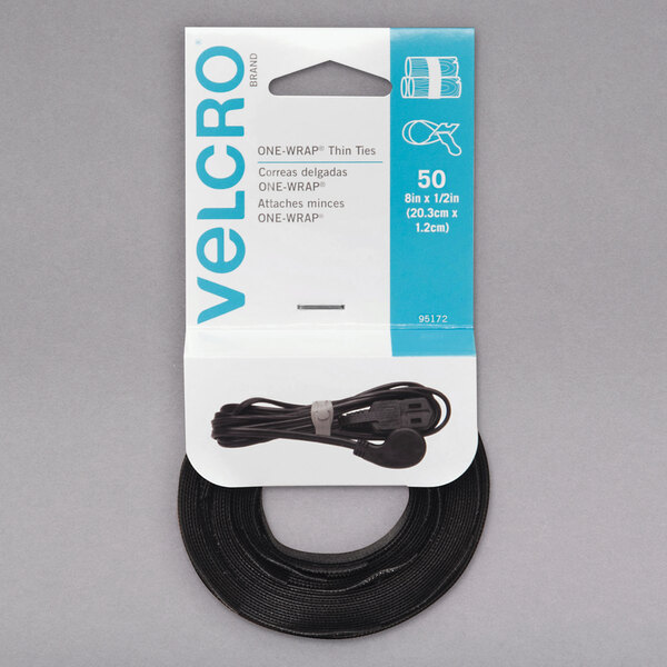 Velcro® 95172 ONE-WRAP 8" x 1/2" Hook and Loop Black Fasteners - 50/Pack
