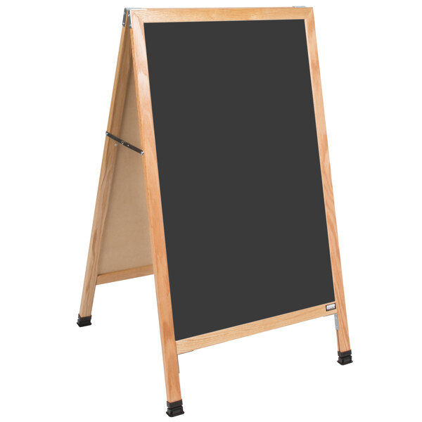 Aarco A-1B 42" x 24" Oak A-Frame Sign Board with Black Write On Chalk Board