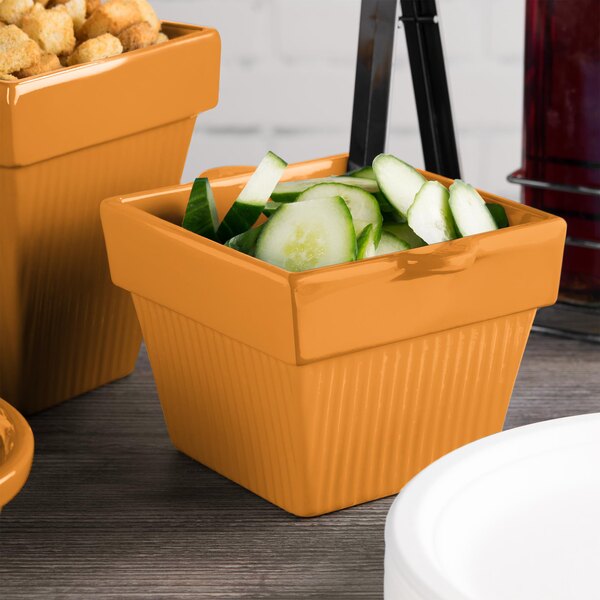 Tablecraft CW1460X 1.5 Qt. Orange Cast Aluminum Square Condiment Bowl