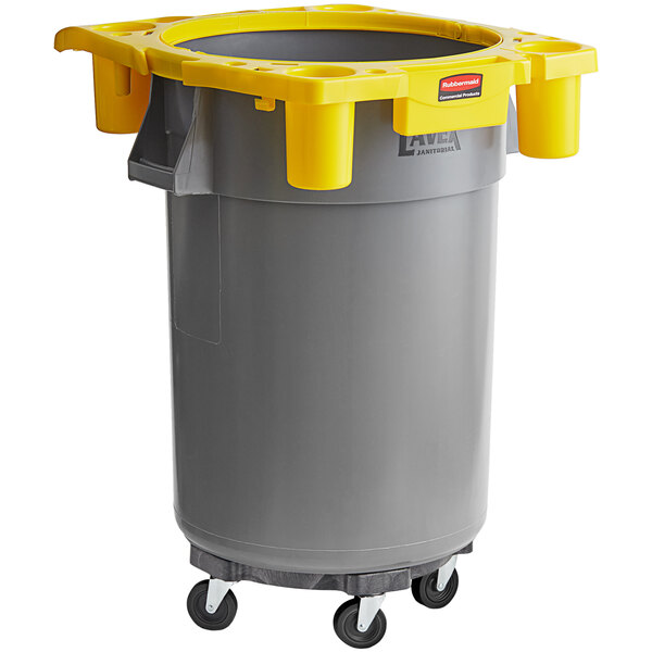 Lavex 44 Gallon Gray Round Commercial Trash Can Kit with Yellow Rim ...