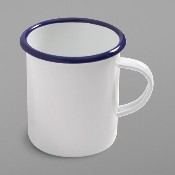 American Metalcraft EWM16 16 oz. White Enamel Mug with Blue Rim
