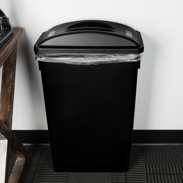 Lavex Janitorial Black Slim Rectangular Trash Can Flat Lid with Handle
