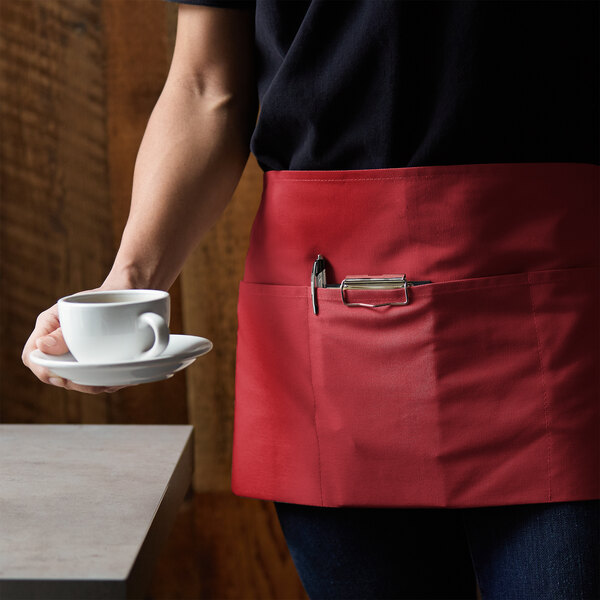 Choice Red Poly-Cotton Standard Waist Apron with 3 Pockets - 12" x 26"