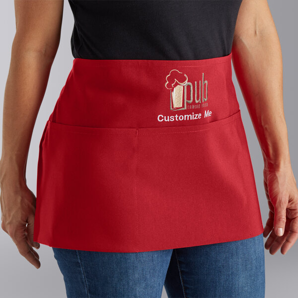 Choice Red Customizable Poly-Cotton Standard Waist Apron with 3 Pockets ...