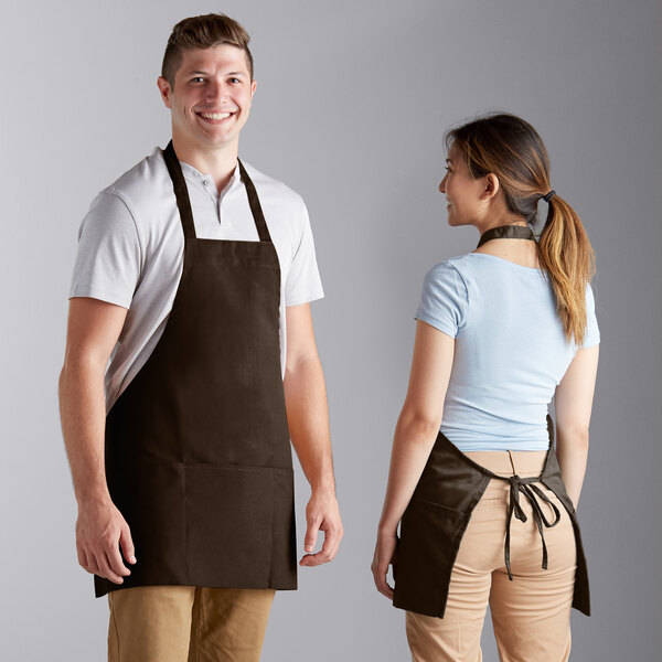 Choice Brown Poly-Cotton Front of House Bib Apron with 3 Pockets - 25 ...