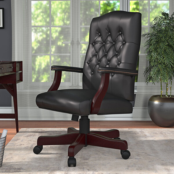 Boss B905-BK Black Caressoft Classic Chair with Mahogany Finish