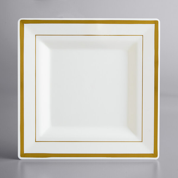 Visions 8" Square Bone / Ivory Plastic Plate with Gold Bands - 10/Sample