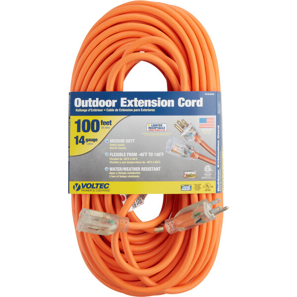 Voltec 05-00343 100' Orange 14/3 3-Conductor SJTW Extension Cord - 300V