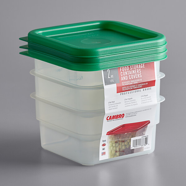Cambro 2SFSPPSW3190 CamSquares 2 Qt. Translucent Square Food Storage Container with Green ...