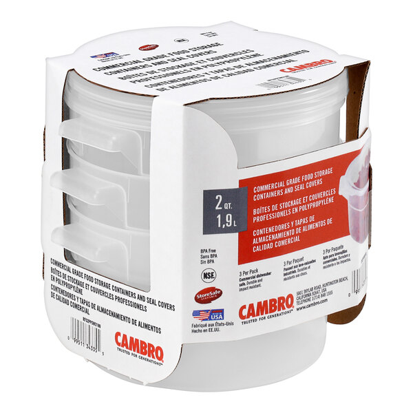 Cambro 2 Qt. Translucent Round Food Storage Container with Red Gradations and Lid - 3/Pack