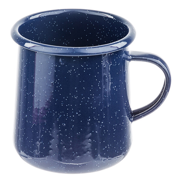Tablecraft 10156 Enamelware 16 oz. Blue Rolled Rim Mug with Speckles